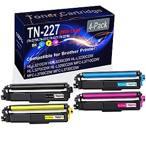 Kolasels (with Chip) 4-Pack (BK+C+Y+M) Compatible HL-L3210CW Laser Printer Toner Cartridge (High Capacity) Replacement for TN227 TN-227 (TN-227BK TN-227C TN-227Y TN-227M) Printer Toner Cartridge