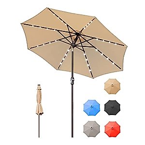Zersun 9FT Patio Umbrella, Solar Powered LED Umbrellas with 32 LED Lights 8 Ribs/Tilt Adjustment and Crank Lift System for Garden, Backyard and Pool - Tan