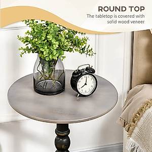 HOMCOM Pedestal Side Table, Round End Table with Wooden Leg, Retro Accent Table for Small Spaces, Living Room, Bedroom, Light Gray
