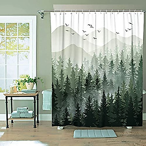 Accnicc Green Misty Forest Shower Curtain Set Ombre Sage Green White Waterproof Fabric Nature Tree Mountain Woodland Decorative Bathroom Bath Curtain Decor (72'' × 72'', Green)