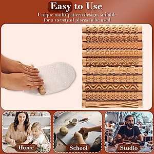 Lzttyee Set of 10 Wooden Handle Pottery Tools Clay Modeling Pattern Rollers Kit Brown (Set of 10)