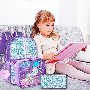KLFVB 3PCS Unicorn Backpack, 16" Sequin Kids Girls Bookbag and Lunch Box, Preschool Backpacks for Elementary Students