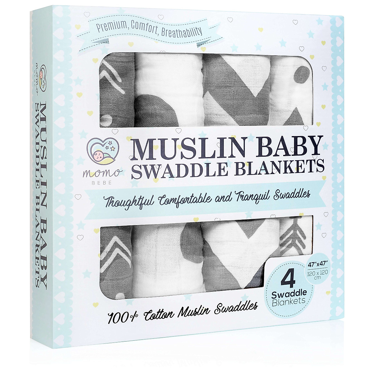 Momo Bebe Muslin Baby Swaddle Blankets - 4 Pack Large 47x47 inch Cotton Swaddles - White Grey Chevron Polka Dot Arrow - Soft Breathable Comfortable Durable - Nursery Shower Gift Set Unisex Neutral