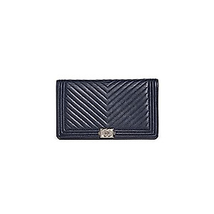 CHANEL Women's Pre-Loved Navy Lambskin Chevron Boy Long Flap Wallet, Navy, Blue, One Size