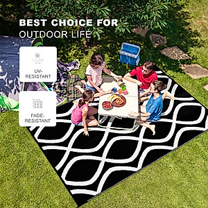 wikiwiki Outdoor Rug, 5x8 FTWaterproof Reversible Mat Indoor Outdoor Rugs Carpet, Small Area Rug Plastic Straw Rug for Patio Deck Balcony Pool RV Camping Beach Picnic, Black & White