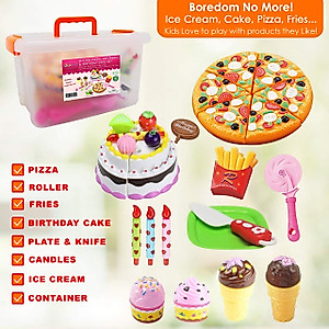 FUNERICA Play Food Goodies Set with Storage Box - Features Cutting Pizza, Ice Cream, Toy Birthday Cake, Fries, Dessert – Pretend Kitchen Toys for Toddlers, Boys, Girls