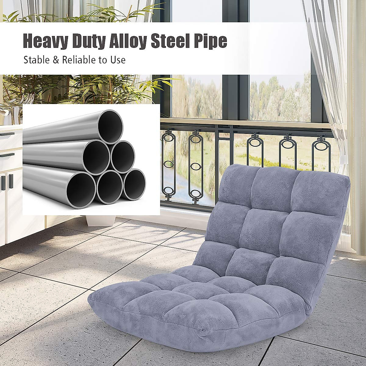 FANTASK 14-Position Floor Sofa, Folding Memory Foam Floor Chair w/Comfy Cushions & Study Steel Frame, Angle Adjustable Floor Couch Sofa, Floor Lounge Sofa for Reading Game Meditating (Gray)