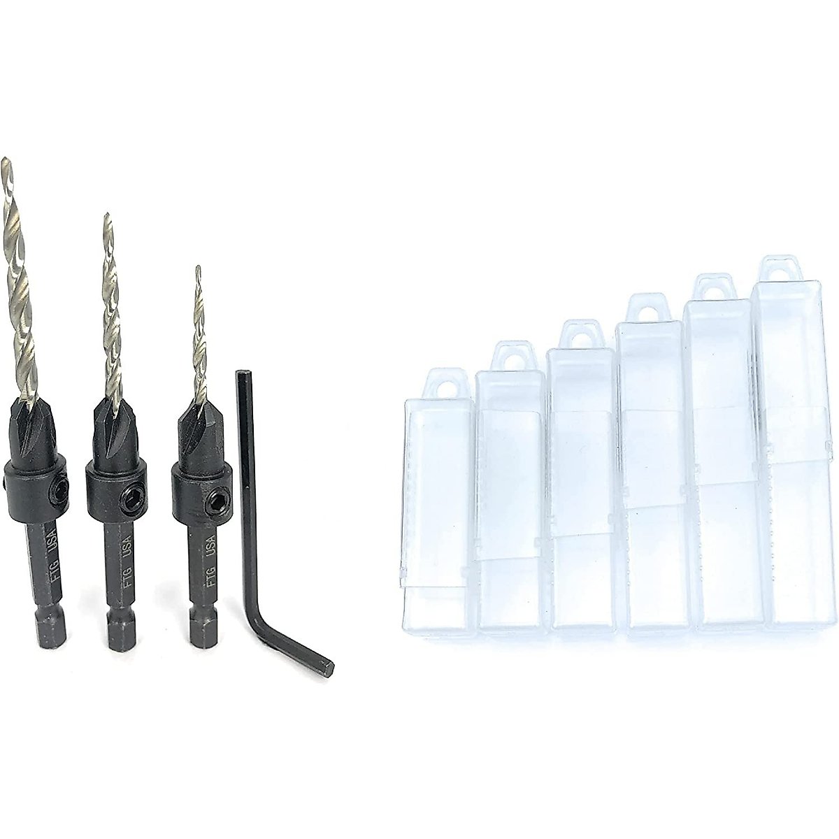 FTG USA Wood Countersink Drill Bit Set #6#8#10 Set Countersink HSS M2 Tapered Drill Bits, Quick Change 1/4 inch Hex Shank Countersink Bit, 1 Allen Wrench, and 6 Storage Containers for Countersinks