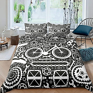 Homewish Bicycle Comforter Cover Set Bicycle Parts Pattern Print Duvet Cover Vintage Bike Bedding Set 2pcs for Kids Boys Teens Soft Polyester Quilt Cover with 1 Pillow Case(No Comforter) Twin Size