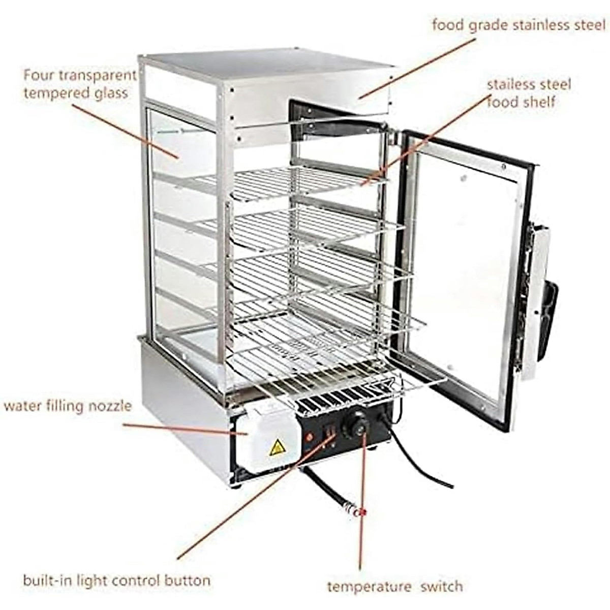 Electric Hot Food Cabinet Warmer, Commercial Bun Steamer with 30-110℃ Temperature Knob, 1200W Steamed Bun Warmer Machine