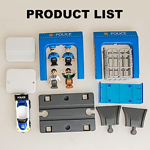 Police Station Playset Toy for Wooden Train Track,Creative City Police Scenes Pretend Play Toy Vehicles Train Accessory Preschool Learning Educational Toys for Toddlers Kids