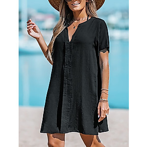 CUPSHE Women's V Neck Cover Up Dress Short Sleeve Semi-Sheer Beach Mini Dress Black