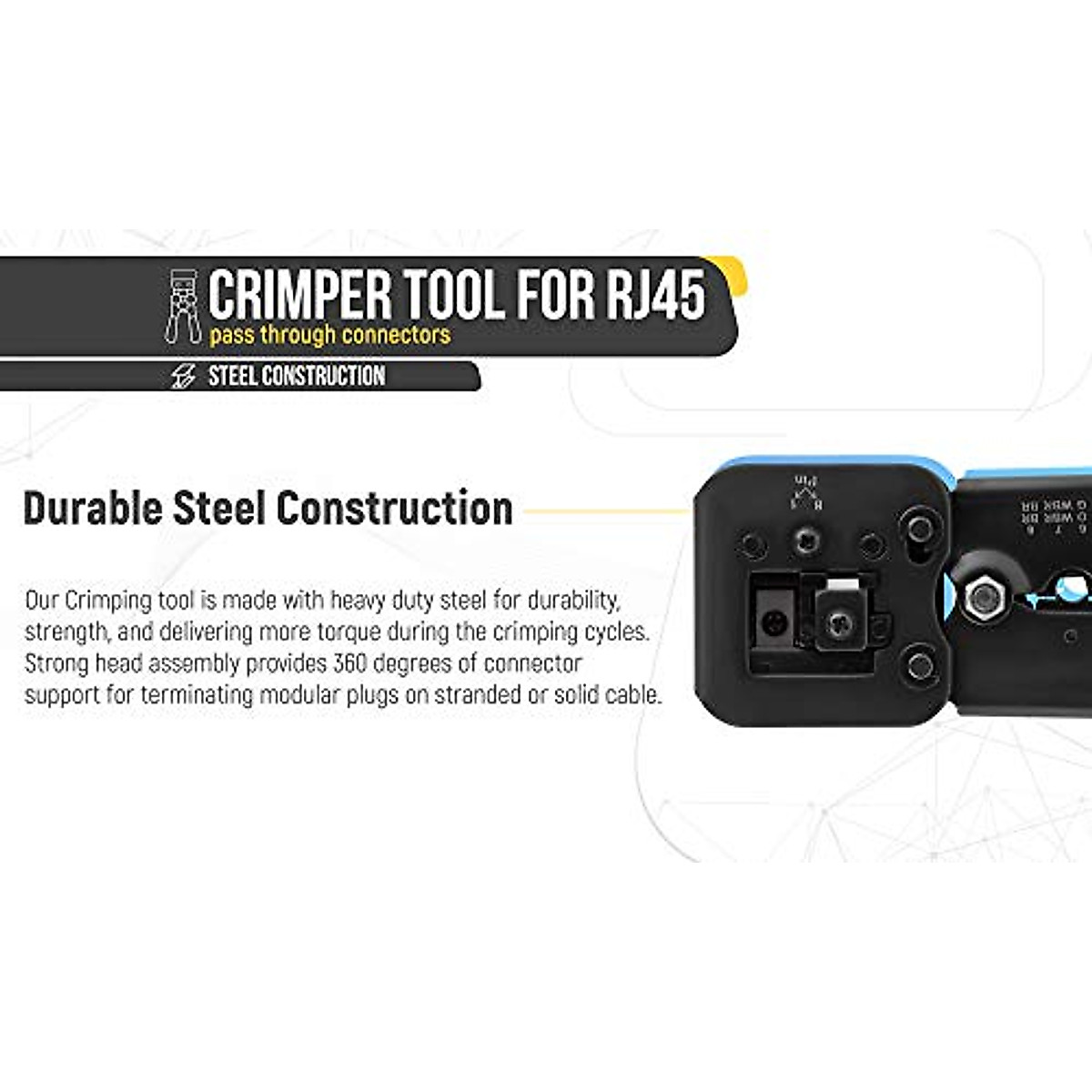 EMS RJ45 Crimp Tool Kit, With 50 Cat6 Pass Through Connectors and 50 Clear Cable Strain Relief Boots + Extra blades - EZ Cut, Strip, Crimp Ethernet Cables