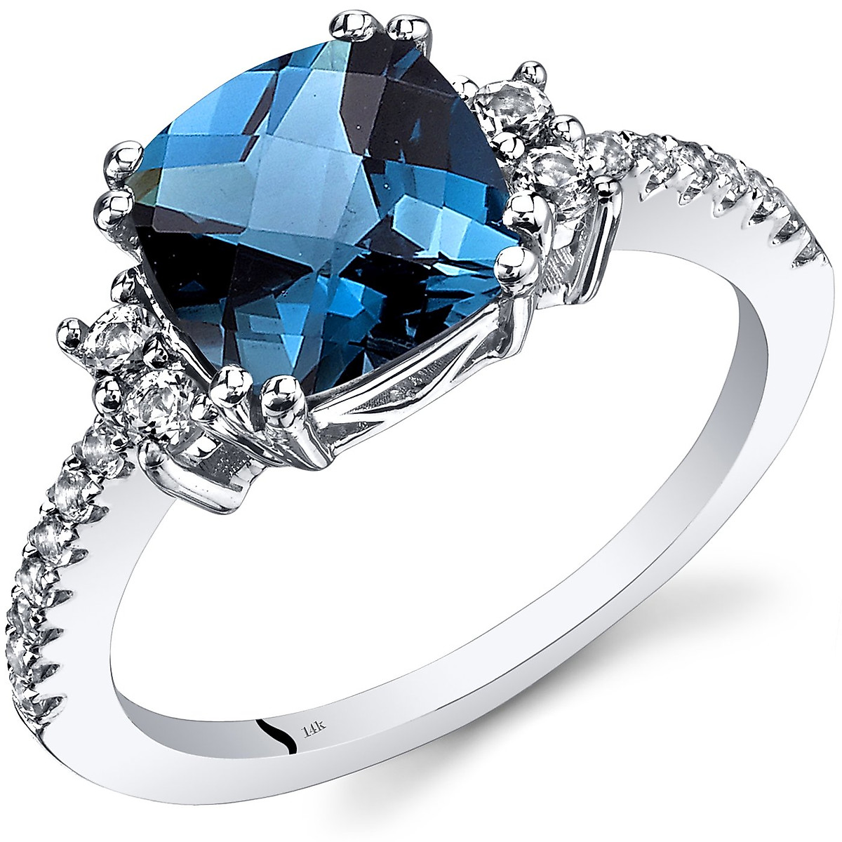 PEORA London Blue Topaz Ring for Women 14K White Gold with White Topaz, Natural Gemstone Birthstone, Designer 2.50 Carats Cushion Cut 8mm, Comfort Fit, Size 7