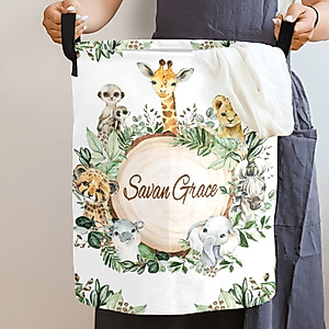 Safari Wild Animal Leaves Jungle Personalized Laundry Basket Clothes Hamper with Handles Waterproof,Custom Collapsible Laundry Storage Baskets for Bedroom,Bathroom Decorative Large Capacity