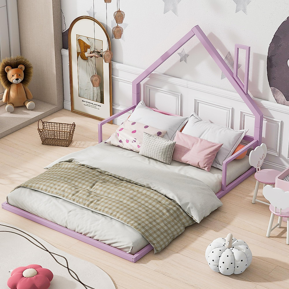Kamsly FAVSH Full Size Metal Floor Bed with Chimney House-Shaped Headboard,Solid Wood Structure Bedroom Bed Frame W/Handrail,Easy Assembly,for Kids,Boys,Girls,Pink