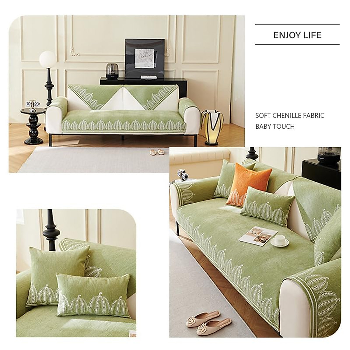 KCCRHIN Pumpkin Pattern Sofa Cover 3 Cushion Chenille Couch Cover Sectional Non-Slip Sofa Slipcovers L/U Shape Modern Style Halloween Sofa Cushion Covers for Dogs Cats,Green,pillow11.8 * 19.7in