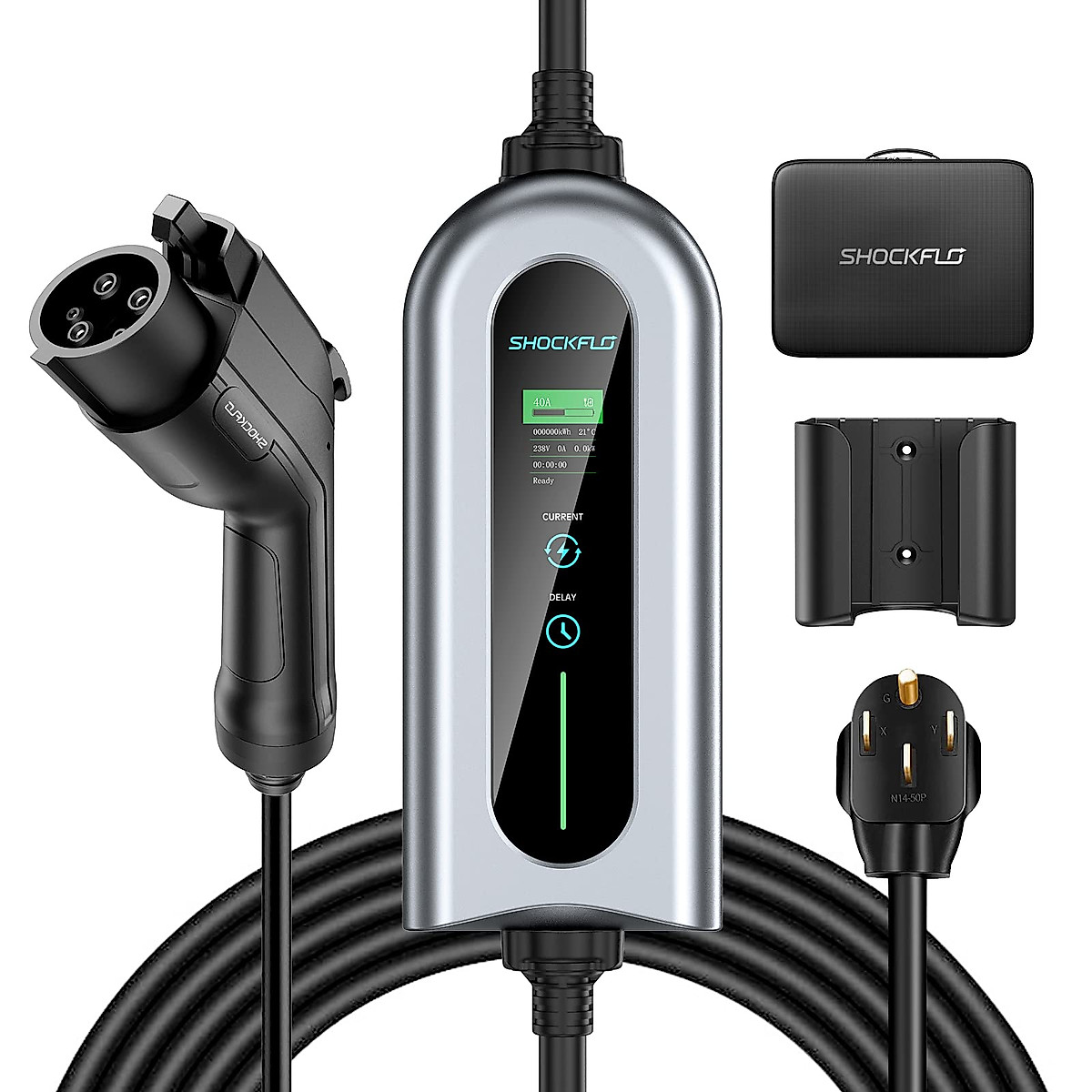 ShockFlo G1 Level 2 EV Charger (40Amp, 240V, NEMA 14-50P), Wall-Mounted EVSE SAE J1772 EV, Portable Electric Vehicle Charger with Adjustable Current/Timing Delay, Plug-in Home EV Charging Station