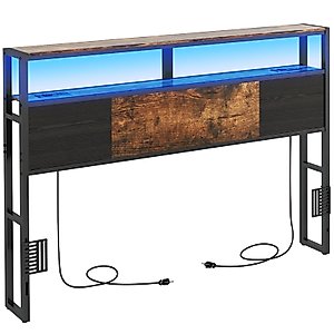 Livofloral Queen Size Headboard, Headboards with Charging Station, USB Port and LED Light, Head Board with 2-Tier Storage Shelf, Adjustable Height, Easy Assembly, Sturdy and Stable, Rustic Brown