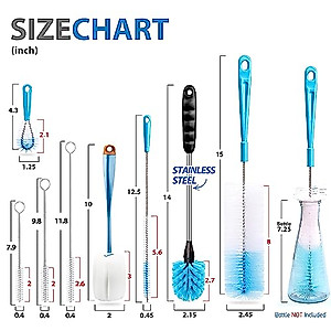 Holikme 8 Pack Bottle Brush Cleaning Set, Long Handle Bottle Cleaner for Washing Narrow Neck Beer Bottles Wine Decanter Narrow Cup Pipes Sinks Cup Cover, White