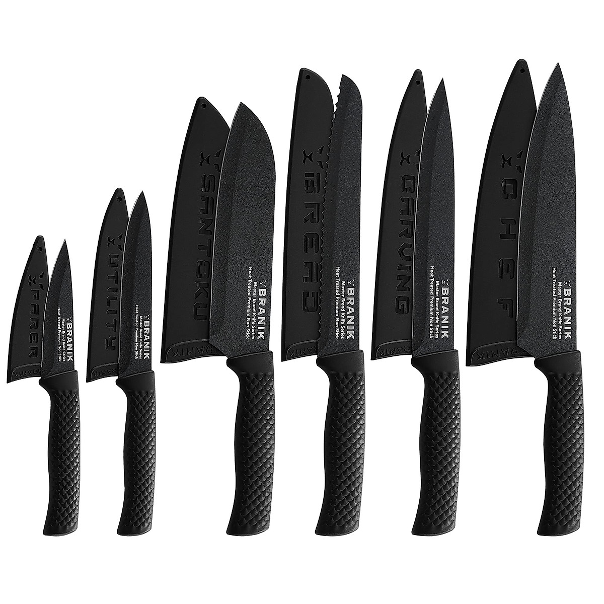 BRANIK 6Pc Black Kitchen Knife Set with Protective Sheaths & Giftbox, Premium German Steel with Special Non-Stick Coating making them Dishwasher Safe. Sharp black knives set for kitchen Knife set.