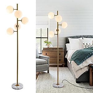BOKT Gold Mid Century Modern Floor Lamp 5-Lights Glass Globe Floor Lamp Antique Brass Floor Lamps Contemporary Tall Free Standing Reading Lamp for Bedroom Living Room