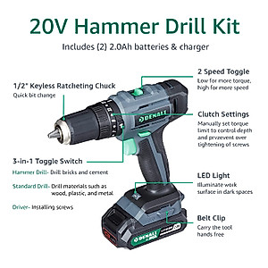 Amazon Brand - Denali by SKIL 20V Cordless Hammer Drill Kit with 2 x 2.0Ah Lithium Batteries and Charger, Blue