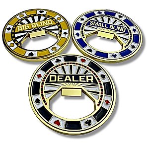 Luck Lab Set of 3 Metal Bottle Opener Poker Buttons - Dealer Button, Big Blind and Small Blind Metal Weights (Position Markers) for Texas Hold Em - 2 inch