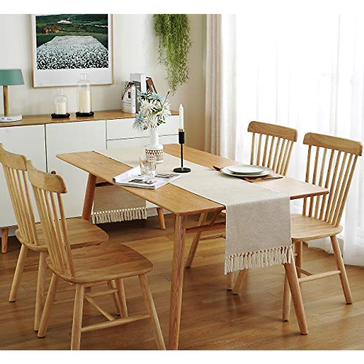 13 x 72 inch Fall Farmhouse Cotton Linen Table Runner with Handcraft Tassel, Rustic Jute Burlap Table Runners 72 Inches Long for Dining Room, Dresser Decor - Waffle