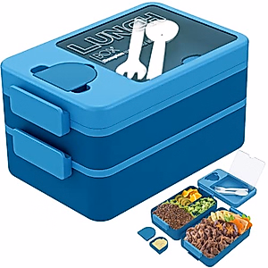 Dompion Bento Box Lunch Container, 2 Layers Stackable Lunch Box with Compartments, Large 2000ML Leakproof Microwave Safe Dishwasher Safe Bento Lunch Box with Utensil Set for Kids and Adults