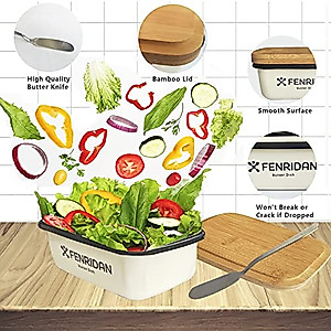 FENRIDAN Butter Dish with Lid, Unbreakable Metal Butter Container with a natural bamboo Lid and knife,Butter Keeper Holder,white