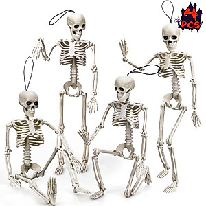 TOY Life 4 Pcs Halloween Hanging Skeleton Decoration, 16” Posable Skeleton Halloween Decoration, Full Body Posable Joints Skeletons, Halloween Decorations Outdoor Indoor, Plastic Skeleton