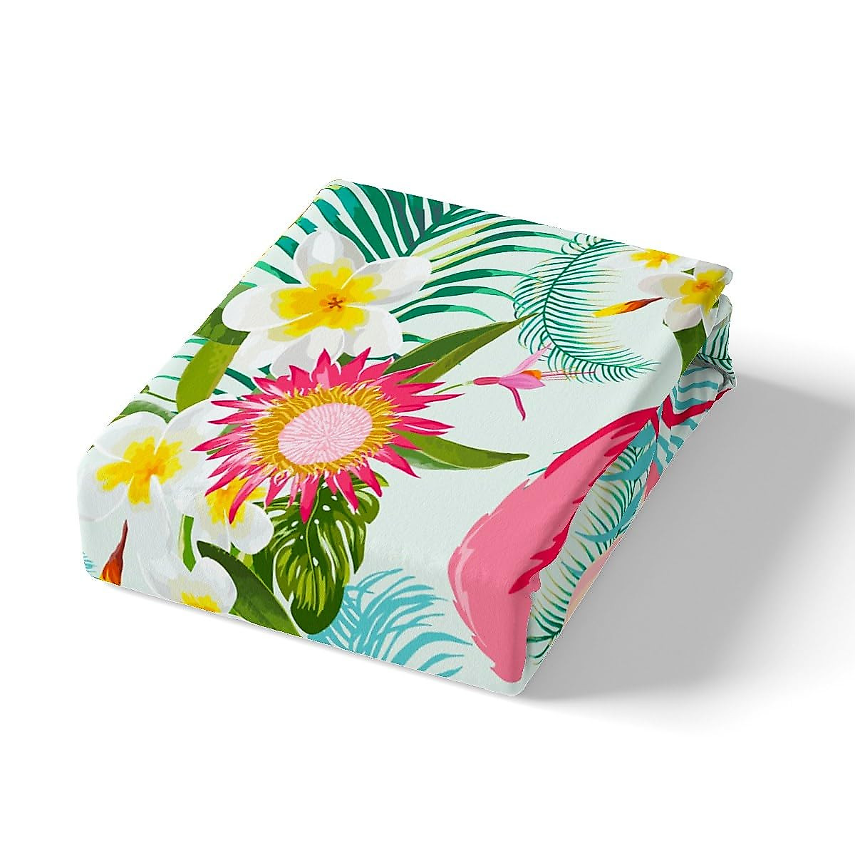 Tropical Flamingo Bedding Set Full Size, Pink Flamingo Fitted Sheet Palm Tree Print Bedding Set Botanical Bed Cover with 2 Pillow Case (No Flat Sheet)