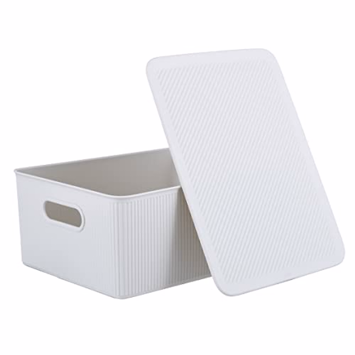Superio Ribbed Collection - Decorative Plastic Lidded Home Storage Bins Organizer Baskets, Large White Smoke (2 Pack - 15 Liter) Stackable Container Box, for Organizing Closet Shelves Drawer Shelf