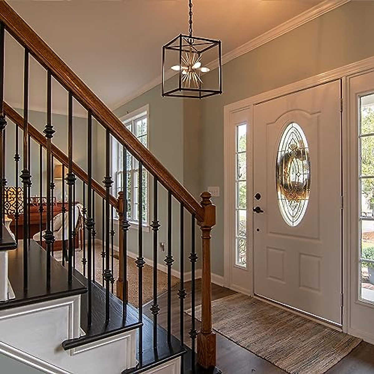 GEPOW Modern Black and Gold Chandeliers, 4 Lights Square Hanging Pendant Light Fixture with Starburst Design for Dining Room, Kitchen, Bedroom, Foyer and Living Room