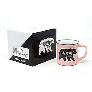 June & Lucy Gifts for Mom - Mama Bear Novelty Coffee Mug 15 oz - Cute Camping Coffee Mom Mugs for Women - Pink Coffee Mug - Hand lettered with Black Lettering - Microwave and Dishwasher Safe.