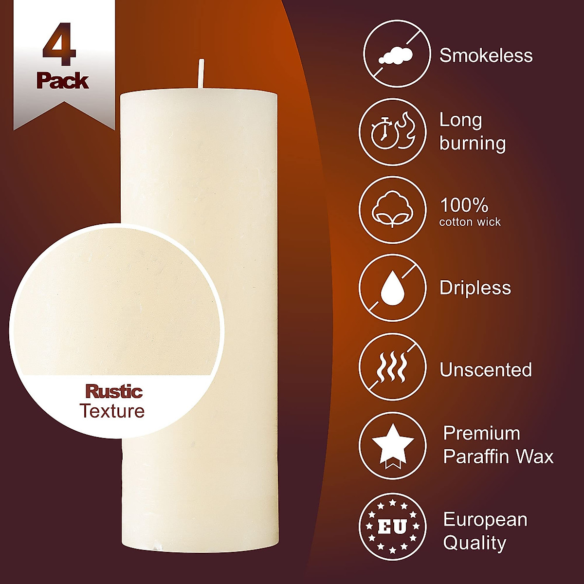 SPAAS Rustic Ivory Pillar Candles - 2.7" X 7.5" Decorative Candles Set of 4 - Clean Burning and Dripless Unscented Rustic Pillar Candles for Home Decorations, Party, Weddings, Spa, Restaurant