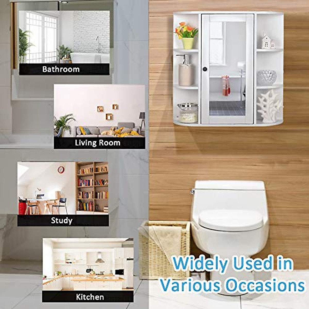 OKIDA Bathroom Wall Mounted Cabinet, Toilet Bathroom Spacesaver, Multipurpose Kitchen Medicine Storage Organizer with Single Mirror Door and Adjustable Shelf (White)