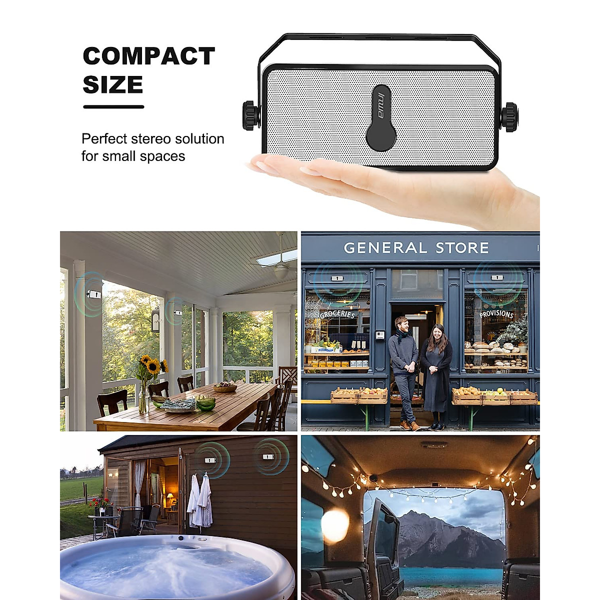 Inwa Bluetooth Outdoor Speaker, IPX5 Waterproof Wall Mount Speaker, Wireless Sync Up to 100 Speakers, Connect Seamlessly to Phone, Computer, Echo Dot, Suitable for Patio, Porch, Gazebo, Garage, 2 PCS