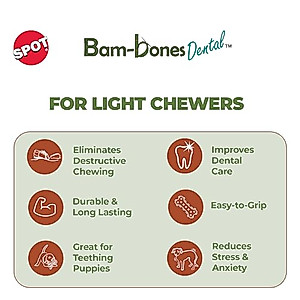 SPOT Bam-Bones Dental Bone - Made with Bamboo Fiber and a Massaging Rubber Center, Durable Oral Care Dog Chew for Light Chewers & Teething Puppies Under 25lbs, 6in Allergen Free Peanut Butter Flavor