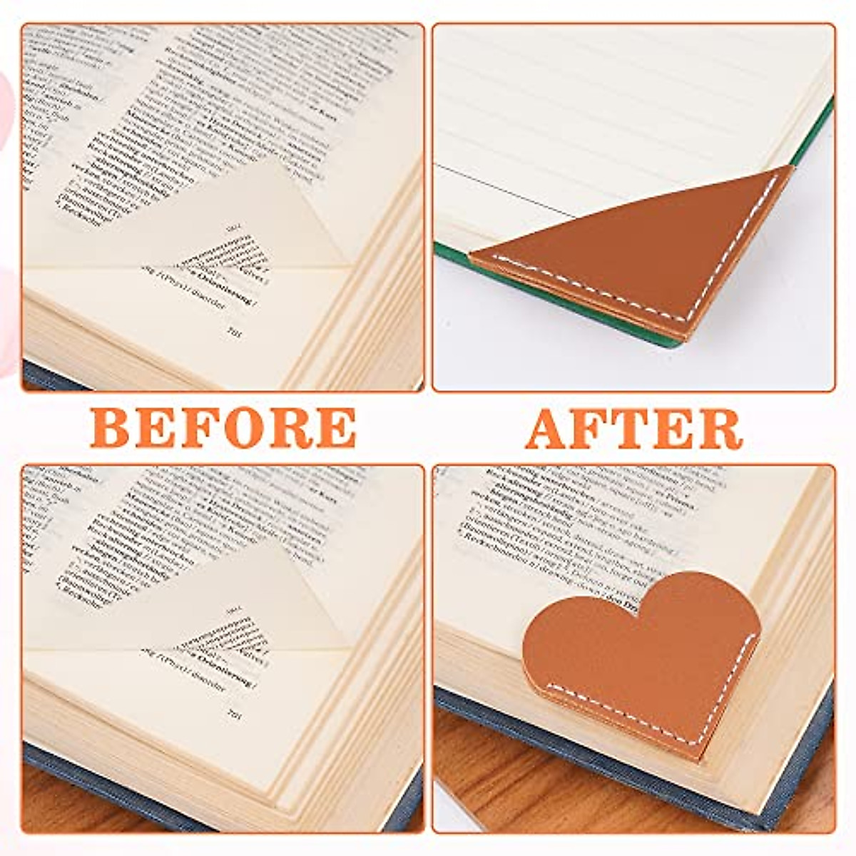 Gydandir 12 Pcs Leather Heart Triangle Bookmark Corner Page Book Marks Cute Book Accessories for Reading Lover, Handmade Book Reading Gift for Book Lovers