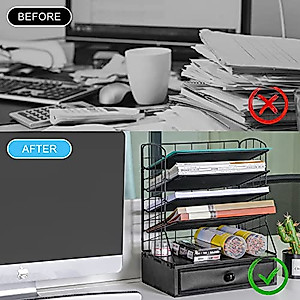 5-Trays File Organizer with Drawer,Mesh Desk Organizers,Letter Tray Paper Organizer,Height Adjustable File Holder for Office School Home（Black）