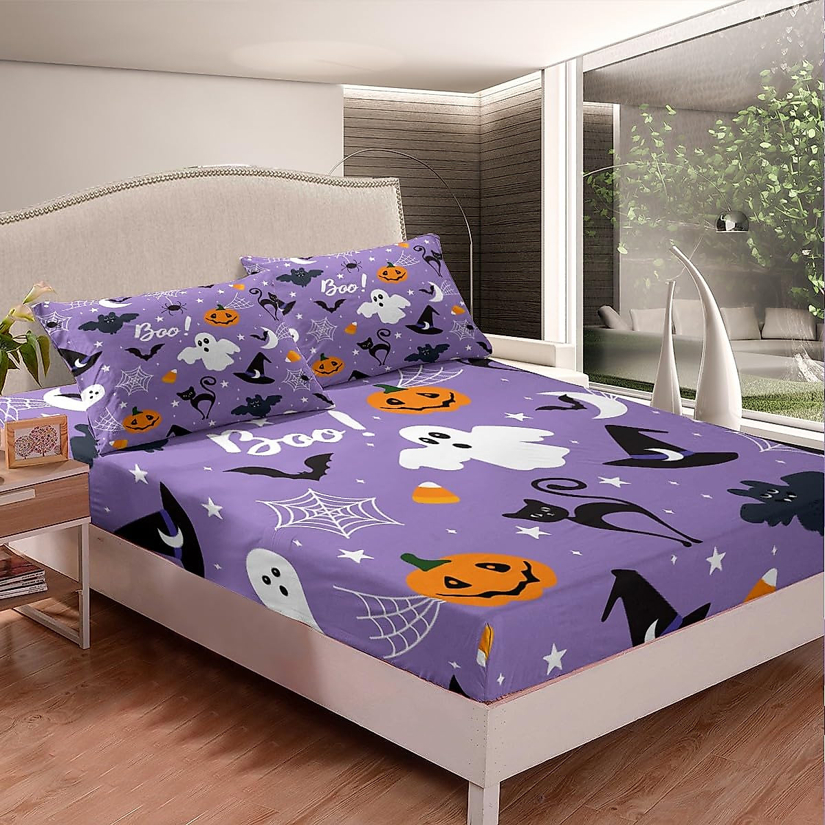 Gothic Spooky Bedding Set Pumpkin Lantern Kawaii Cute Bed Sheets for Kids Boys Teens,Ghost Spiderwebs Fitted Sheet Black Cat Cobwebs Bats Halloween Decoration Twin Size Purple
