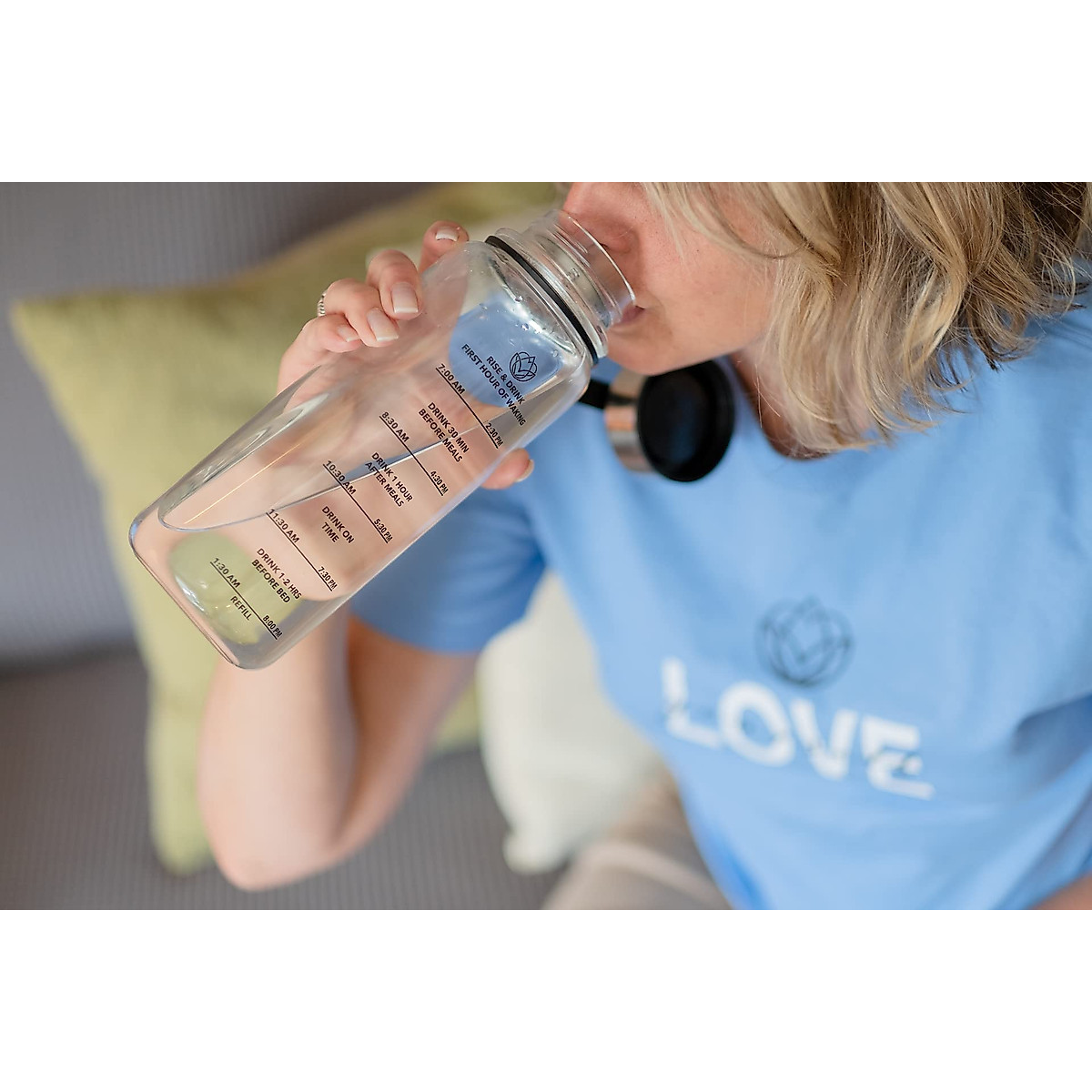 Love Yourself Wellness 40oz.Glass Water Bottle with Sleeve Motivation and Teaching times when to Drink Wide Mouth Stainless Steel Filter Attached lid Hydrating Sport Water Bottle Protective Sleeve