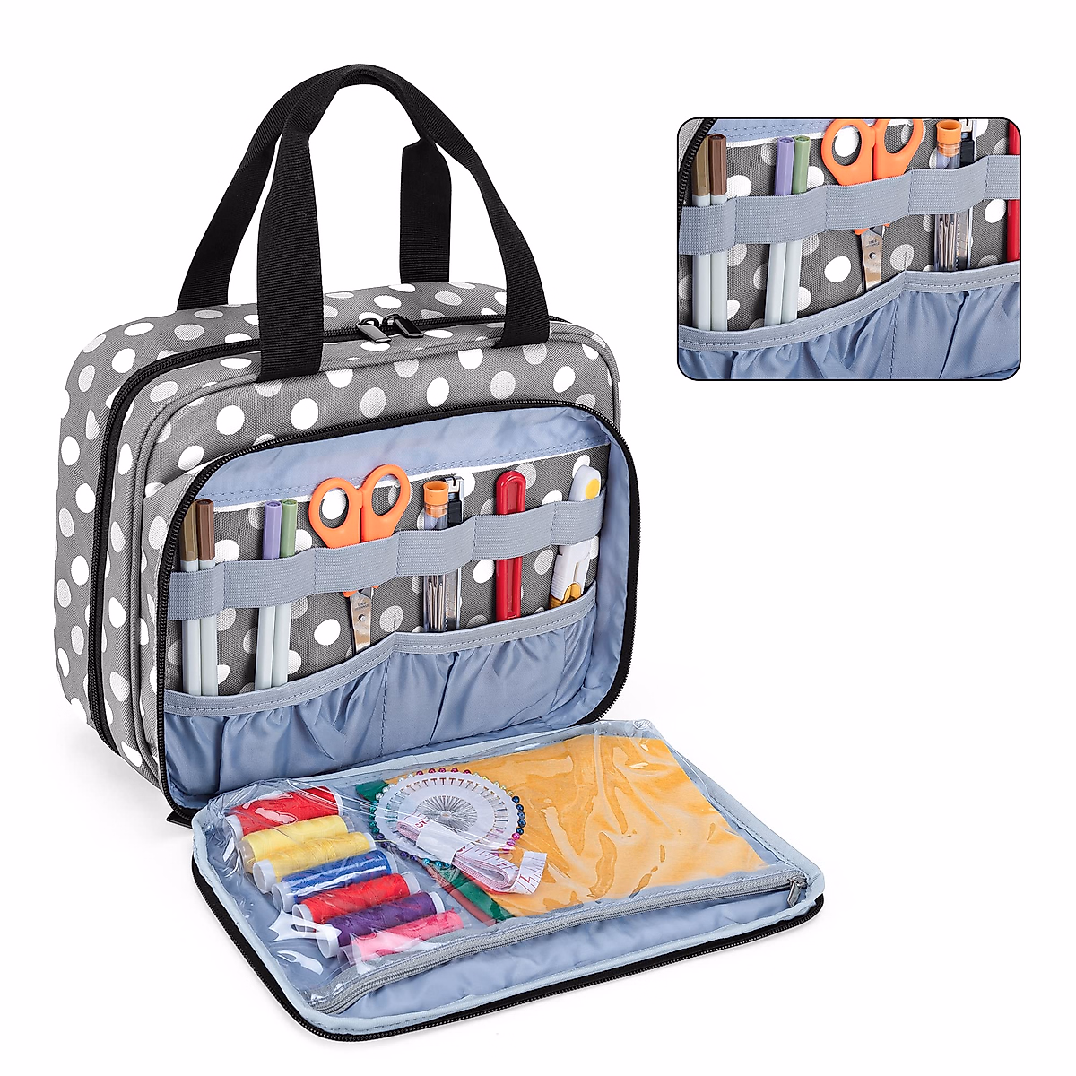 Luxja Large Sewing Organizer with 3 Inner Sections (Fold up Easily), Sewing Supply Organizer with Versatile Pockets (No Accessories Included), Polka Dots