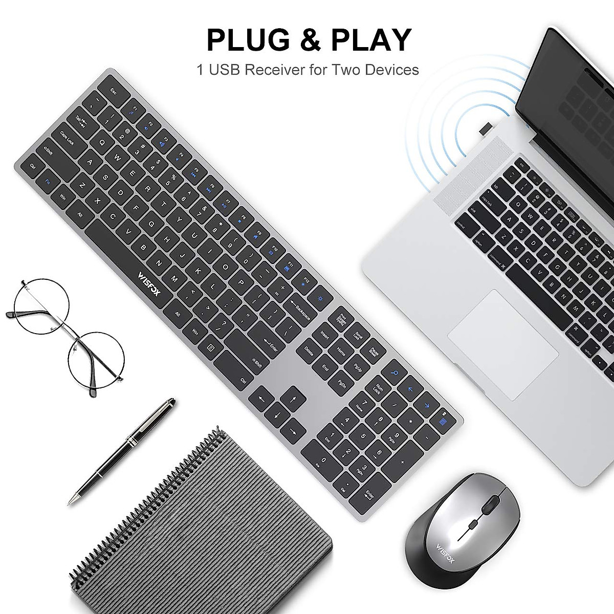 Wireless Keyboard and Mouse Combo, WisFox 2.4G Full-Size Slim Thin Wireless Keyboard Mouse for Windows, Computer, Desktop, PC, Laptop Mac (Silver and Gray)
