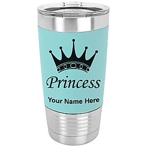 LaserGram 20oz Vacuum Insulated Tumbler Mug, Princess Crown, Personalized Engraving Included (Silicone Grip, Teal)