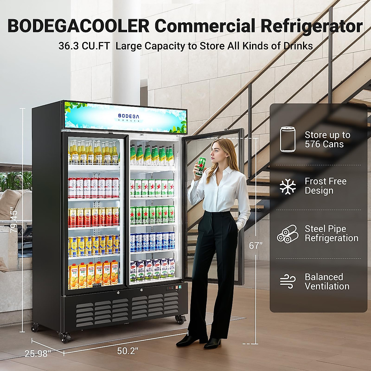 BODEGACOOLER Commercial Merchandiser Refrigerator, 36.3 Cu.Ft Upright Display Beverage Cooler, 2 Glass Door Display Refrigerator with Soft LED Light, Adjustable Shelves, 4 Strong Castors(Black)