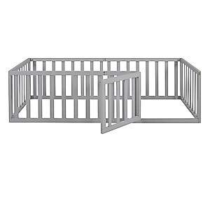 Harper & Bright Designs Twin Floor Bed with Rails, Montessori Floor Bed Wood Frame with Fence and Door, for Kids Girls Boys (Twin Size,Gray)