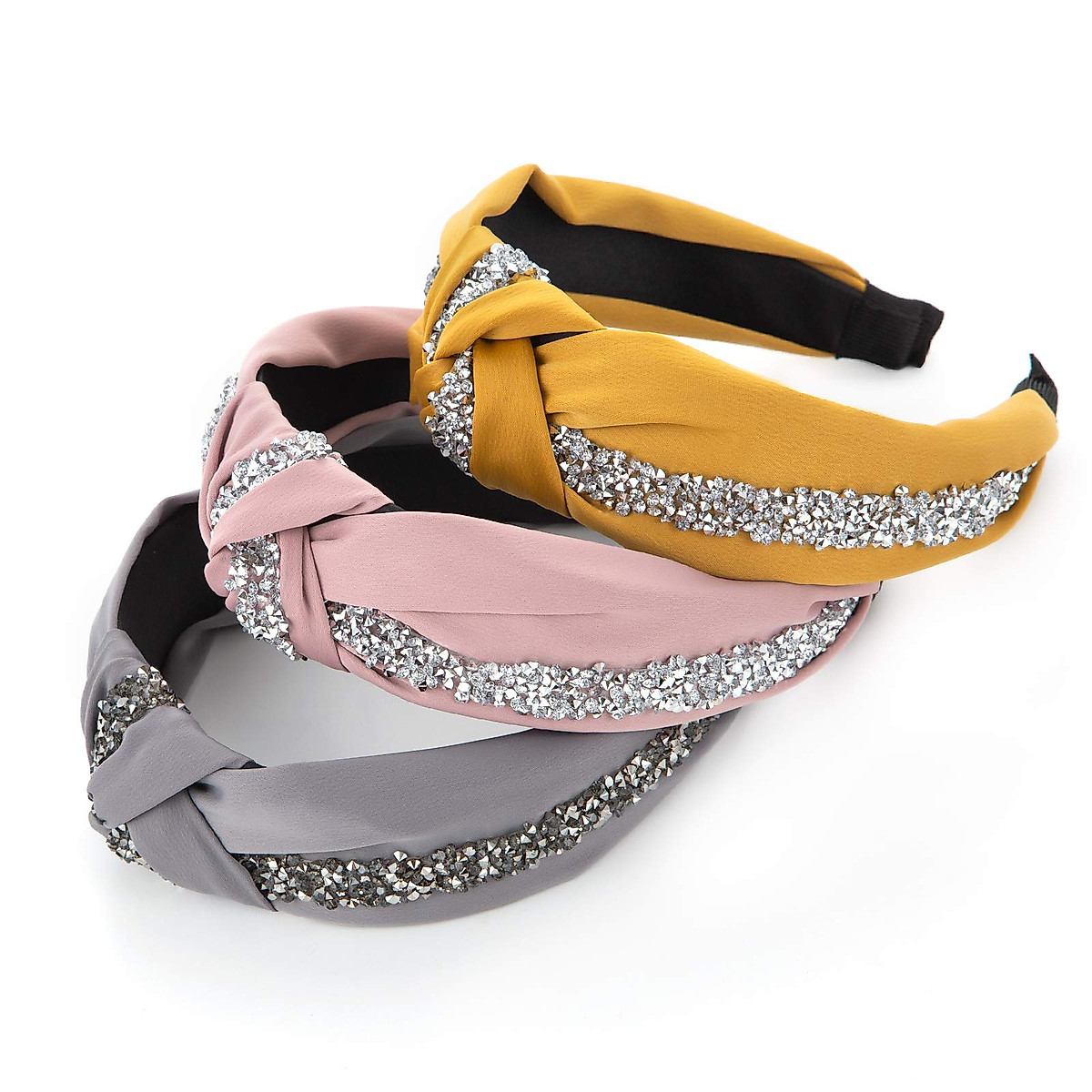 kalyn 3Pcs Fashion Rhinestone Diamond Headbands,satin knot headbands Hair Bands Glitter Hairband for Women Girls Hair Accessories(Yellow, pink, gray colors)